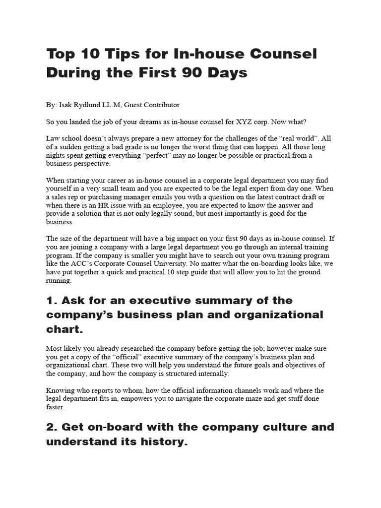 In-House Counsel's First 90 Days Guide | PDF | Form 10 K | Due Diligence
