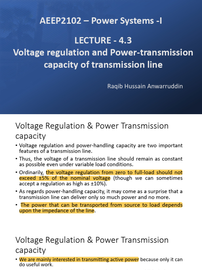 Lecture - 4.3 - Voltage Regulation and Power-Transmission Capability of Transmission Lines ...