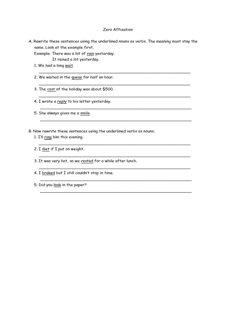 Zero Affixation Sentence Exercises | PDF | Language Arts & Discipline
