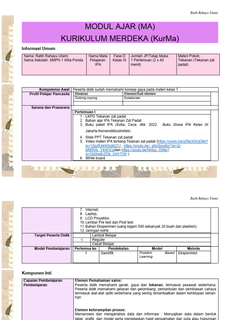 Modul Ajar - Tekanan Zat Padat - Ratih Rahayu Utami | PDF | Komputer