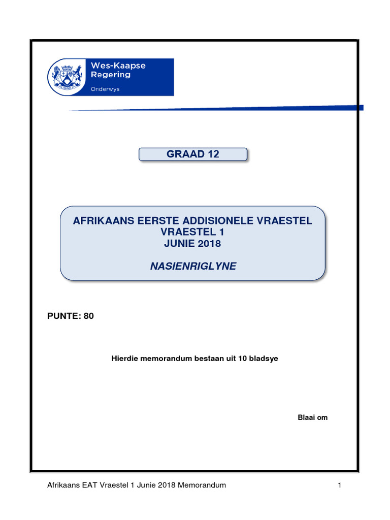 2018 JUNIE EAT Vraestel 1 MEMO | PDF