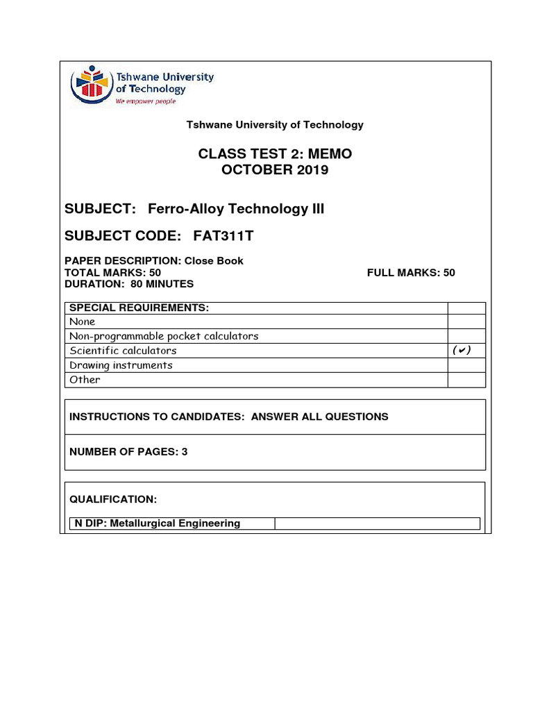 Class Test 2 Memo | PDF | Ion | Mole (Unit)