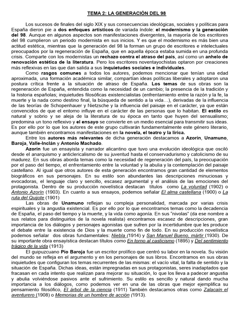 Tema 2 - La Generación Del 98... | PDF | Novelas | Ensayos