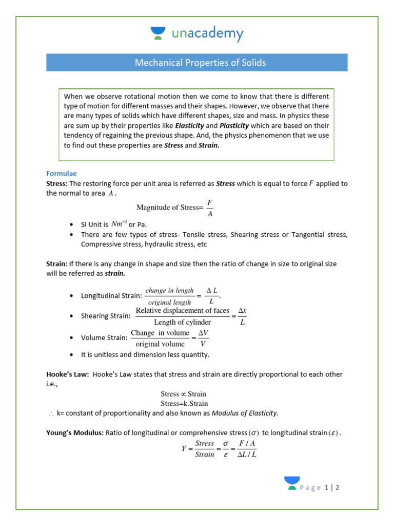 Formula Sheet - Mechanical Properties of Solids First Edit | PDF ...
