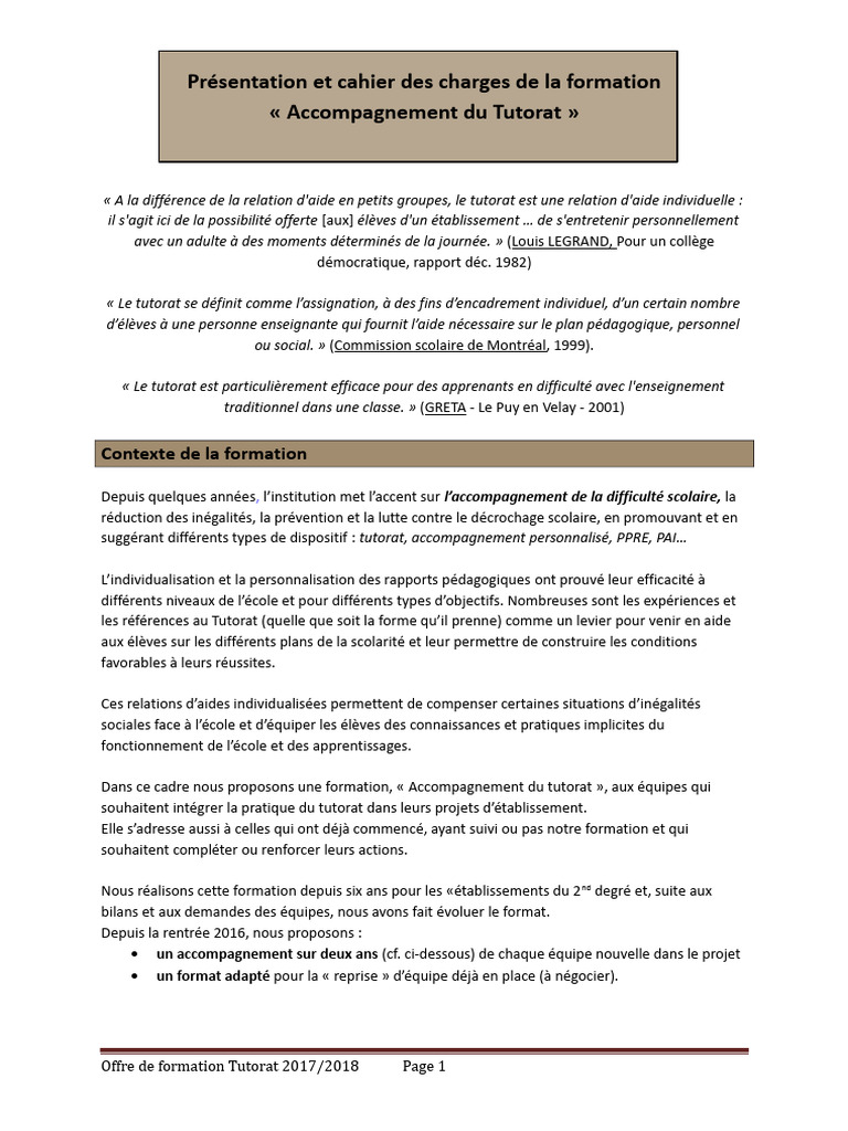 Cahier Des Charges de La Formation Tutorat 2018-2019 | PDF | Pédagogie ...