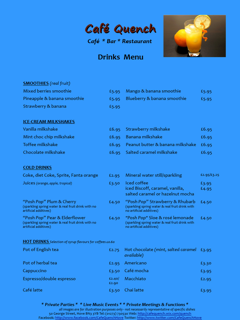 Cafe Quench Drinks Menu 2024 | PDF | Drink | Milkshake