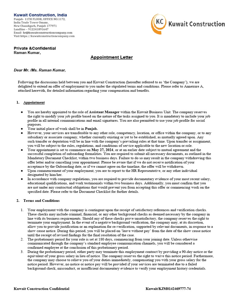 Kuwait Construction Appointment Letter | PDF | Employee Benefits ...