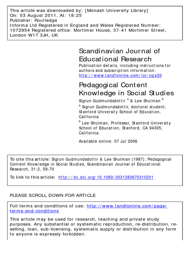 Gudmundstoddir Shulman 1987 | PDF | Pedagogy | Expert