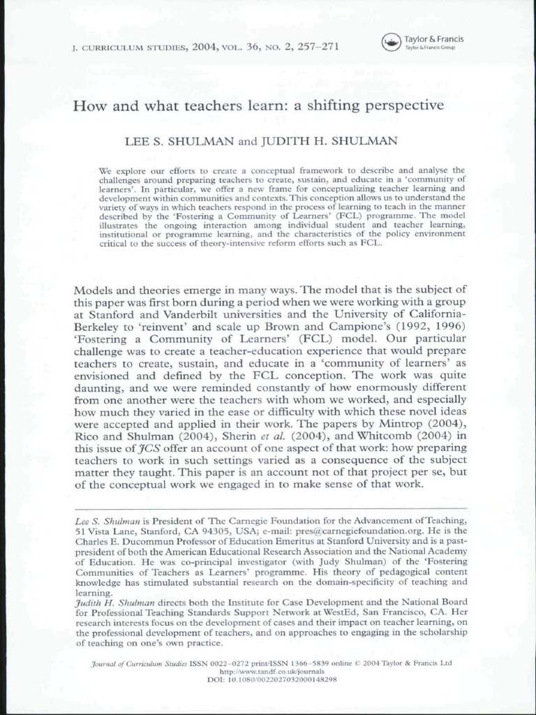 Shulman and Shulman How and What Teachers Learn | PDF | Teachers | Pedagogy