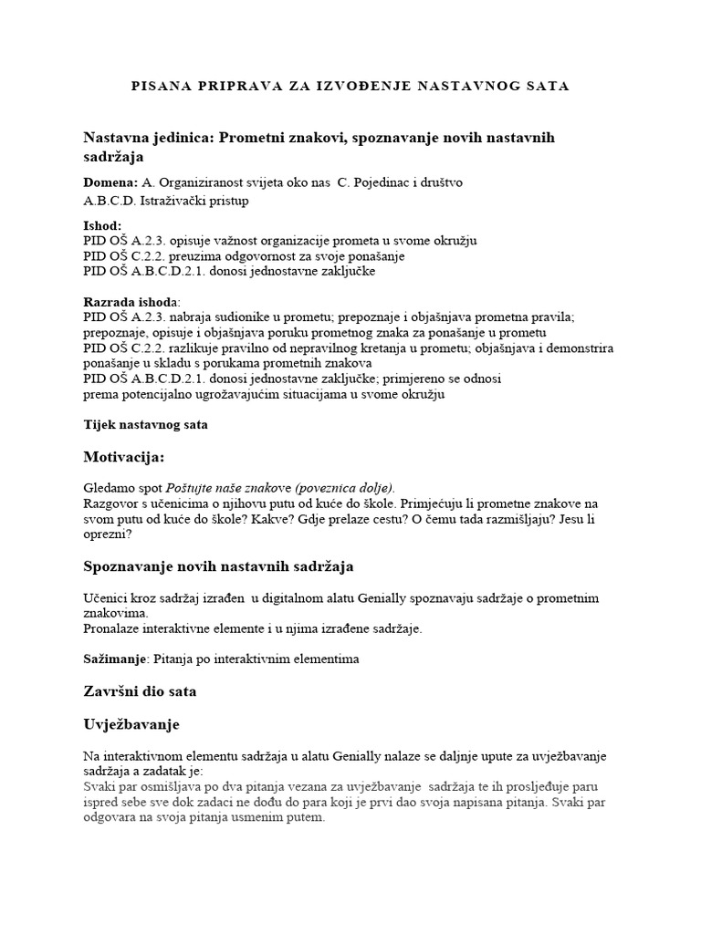 Prometni Znakovi Spoznavanje Novih Nastavnih Sadraja | PDF