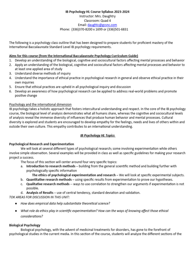 IB Psychology HL Syllabus 2023-2024 | PDF | Psychology | Cognition