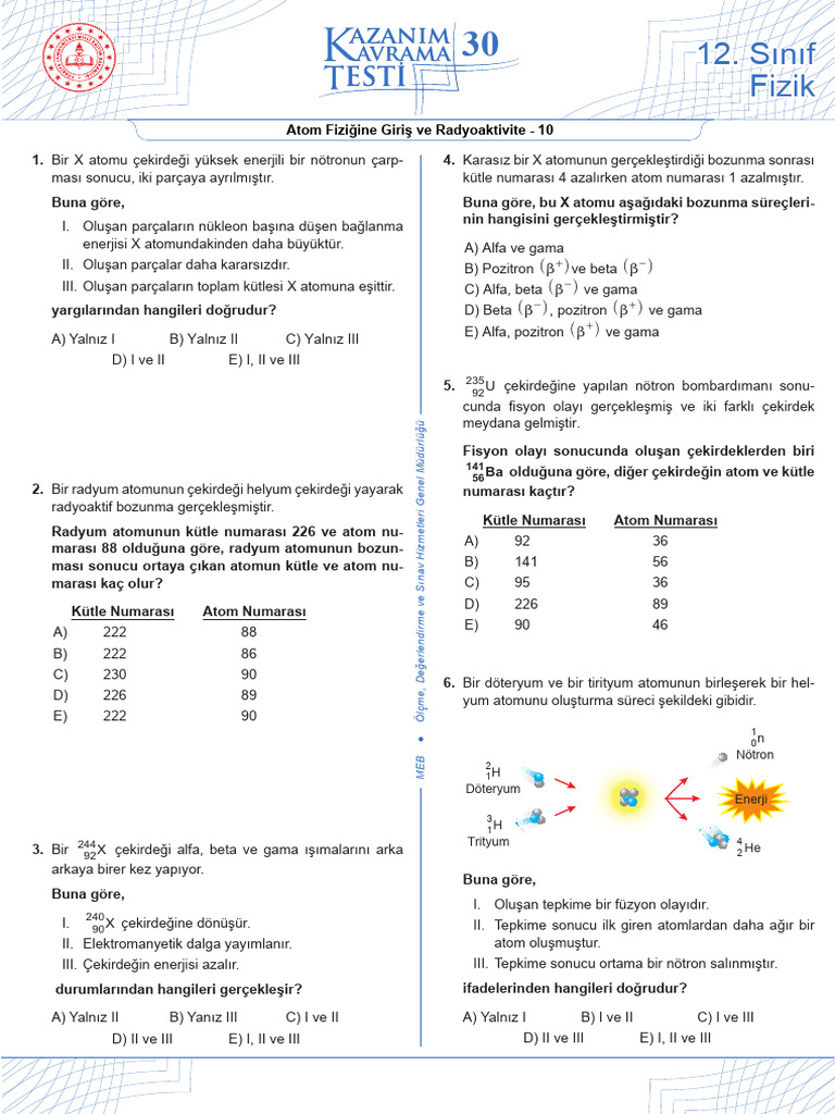 Sınıf Fizik Fizik: Atom Fiziğine Giriş Ve Radyoaktivite - 10 | PDF