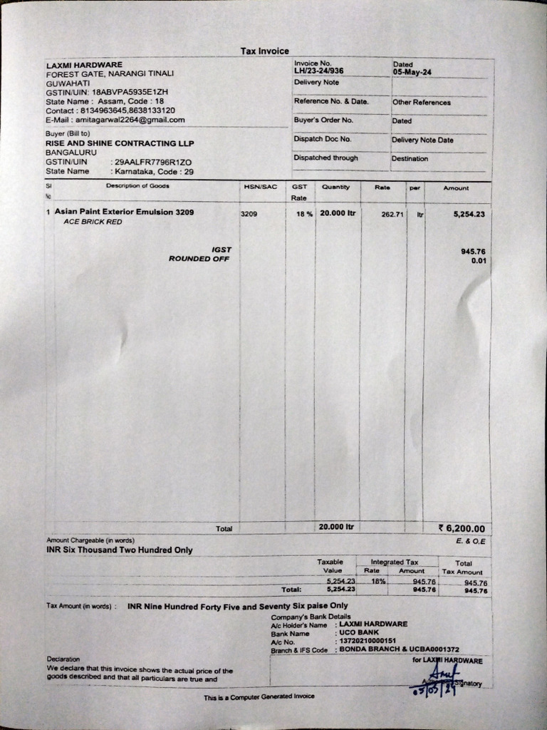 Ashian Paint Tax Invioce | PDF | Invoice | Economies