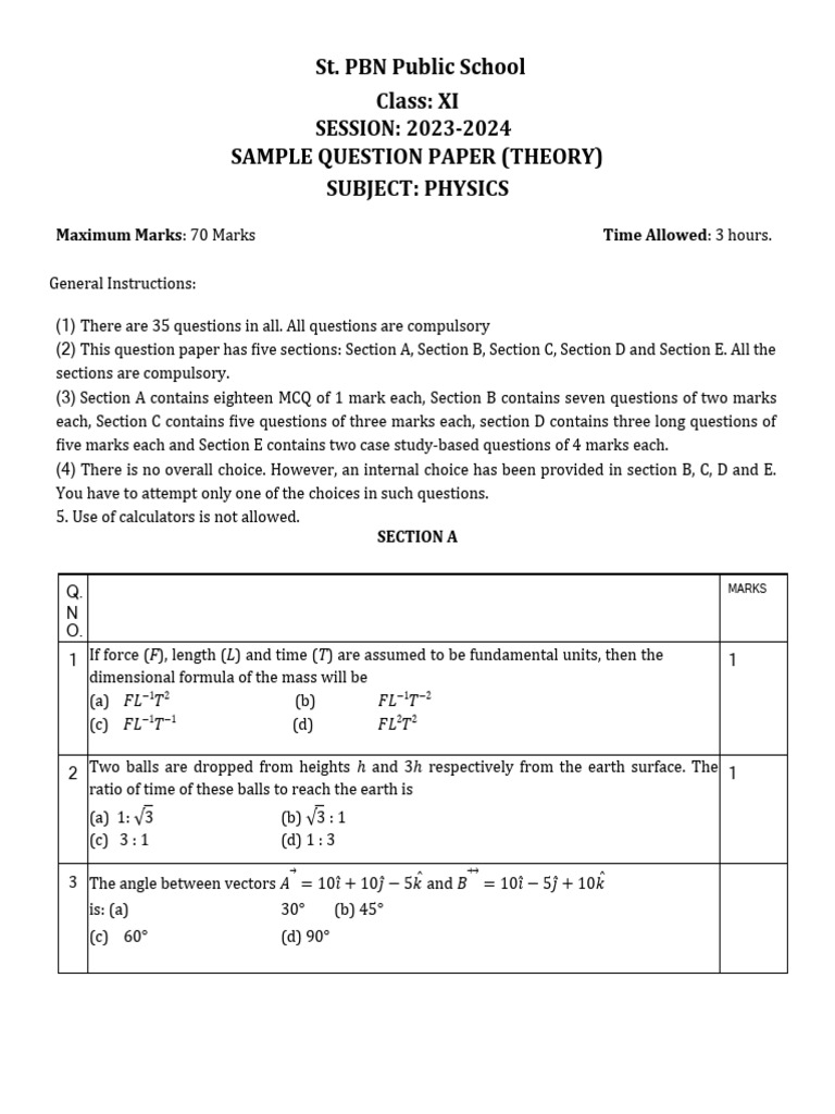 XI sample papers 2024 | PDF | Mechanics | Continuum Mechanics