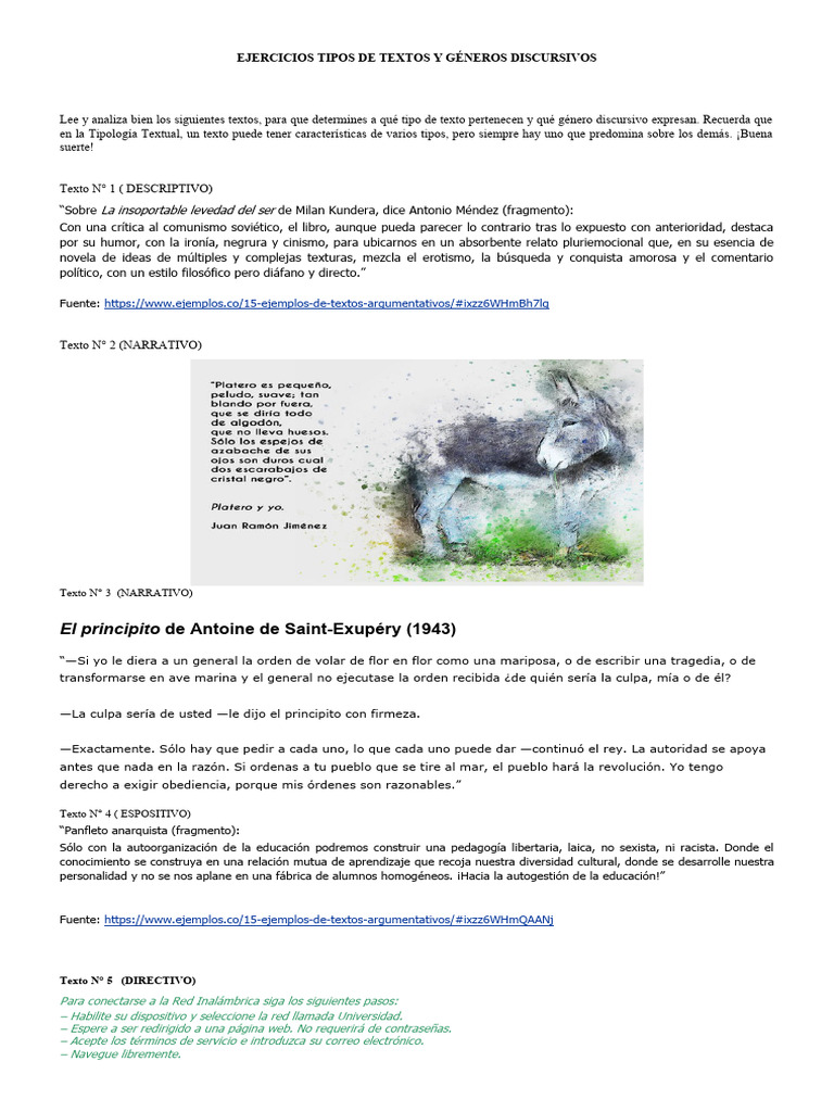 EJERCICIOS TIPOS DE TEXTO Y GÉNEROS DISCURSIVOS | PDF