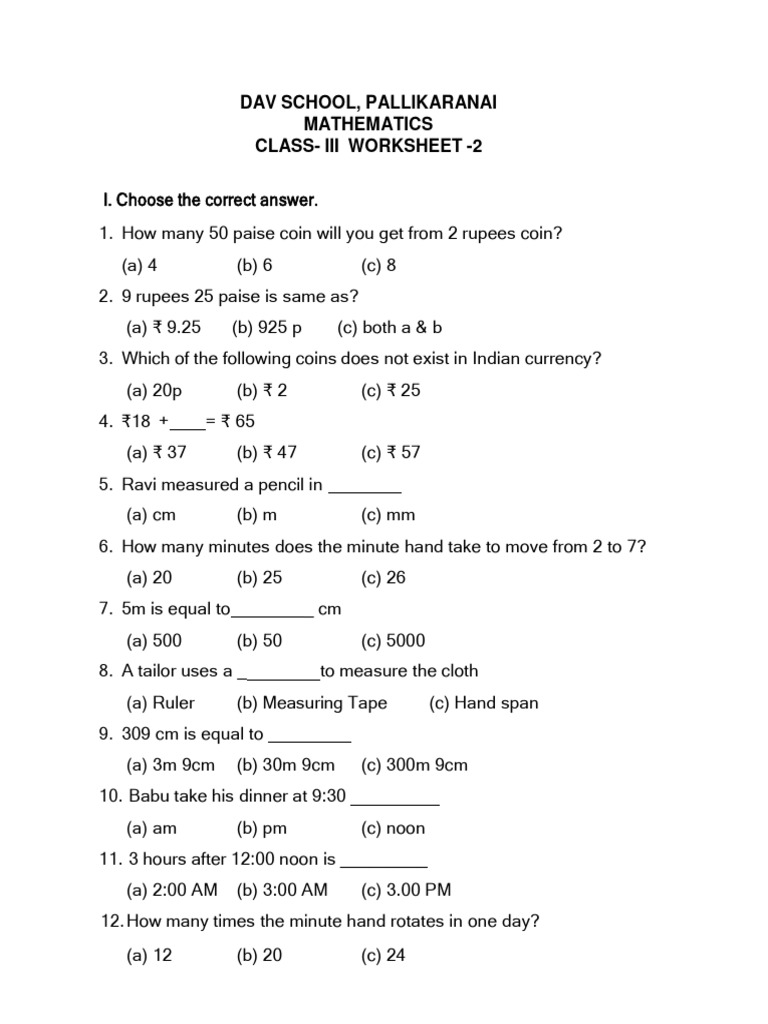 CLASS 3 mATH WORKSHEET 2 | PDF