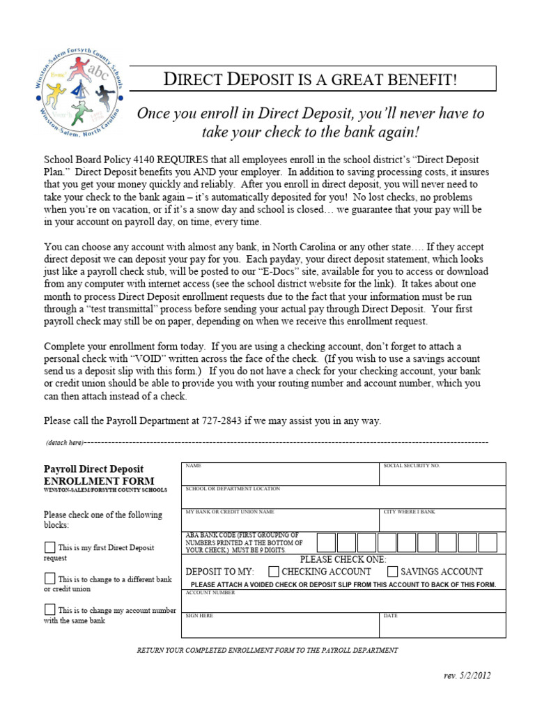 Direct Deposit Download Form - WSFCS | PDF | Paycheck | Banking