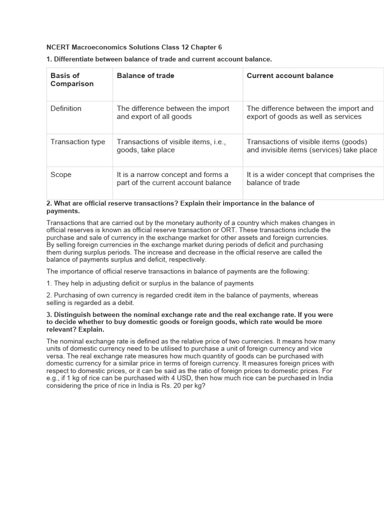 NCERT Class 12 Macroeconomics Solutions | PDF | Balance Of Payments ...