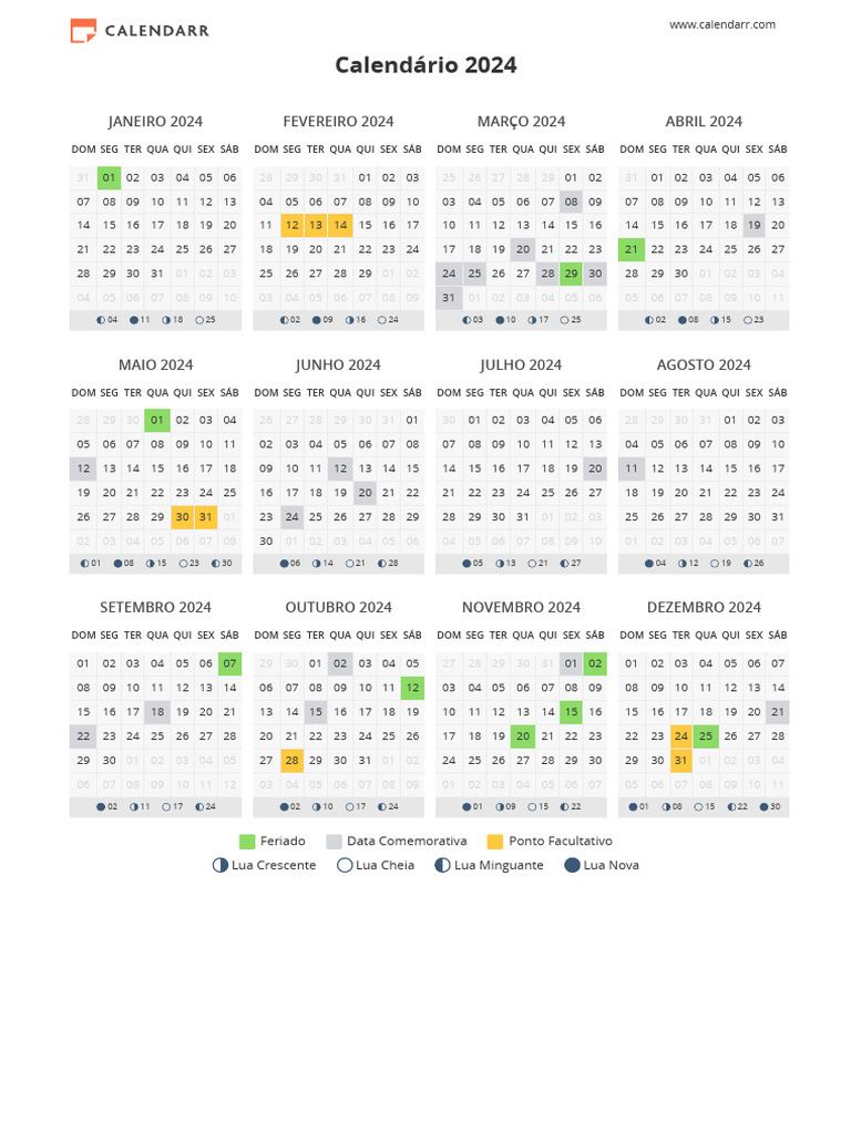 Calendário 2024 para Imprimir - Calendarr | PDF