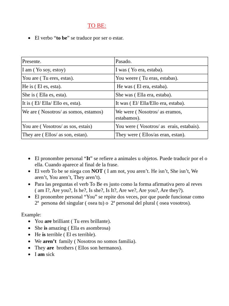 Uso del verbo "to be" en inglés | PDF | Estudios de idiomas extranjeros