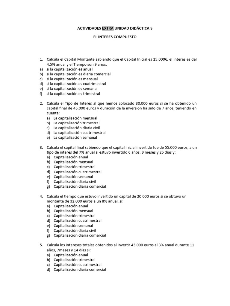 ENUNCIADOS EXTRA ACTIVIDADES UD 5 InterÃ©s Compuesto 21-22 | PDF
