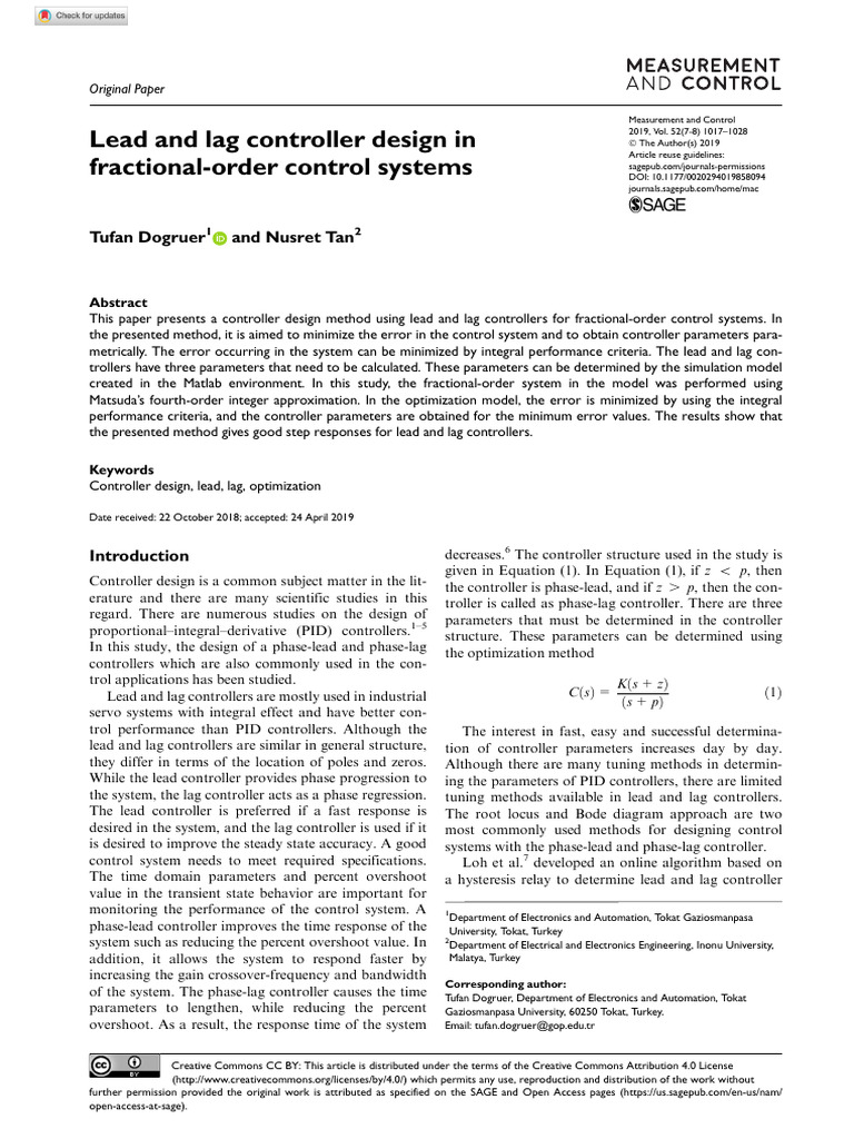 Dogruer Tan 2019 Lead and Lag Controller Design in Fractional Order ...