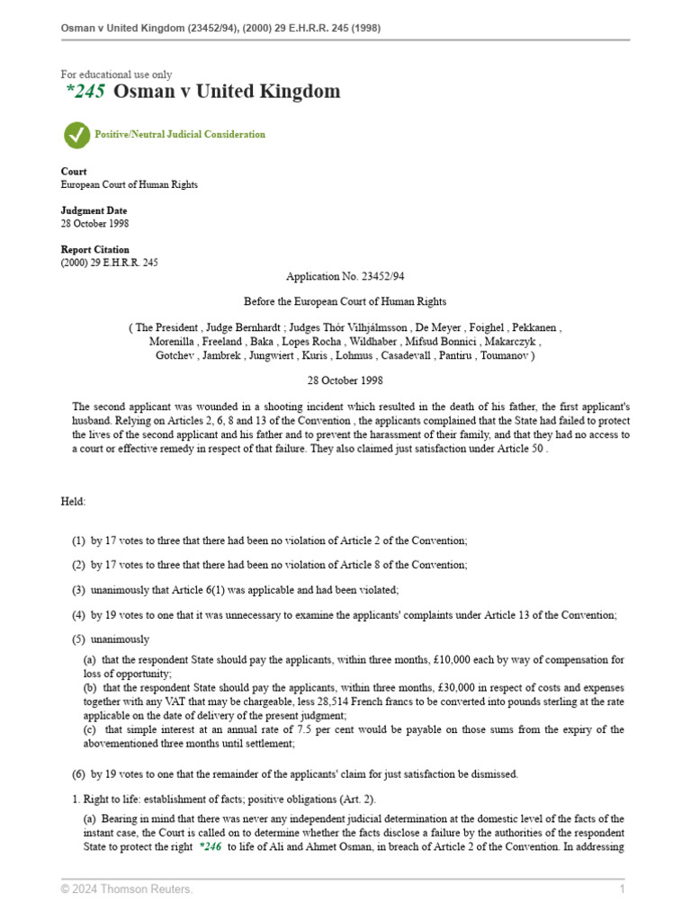 Osman V United Kingdom (2345294) | PDF | Negligence | Duty Of Care
