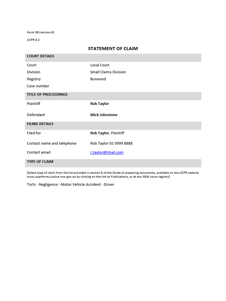Sample statement of claim – car accidents | PDF | Default Judgment ...