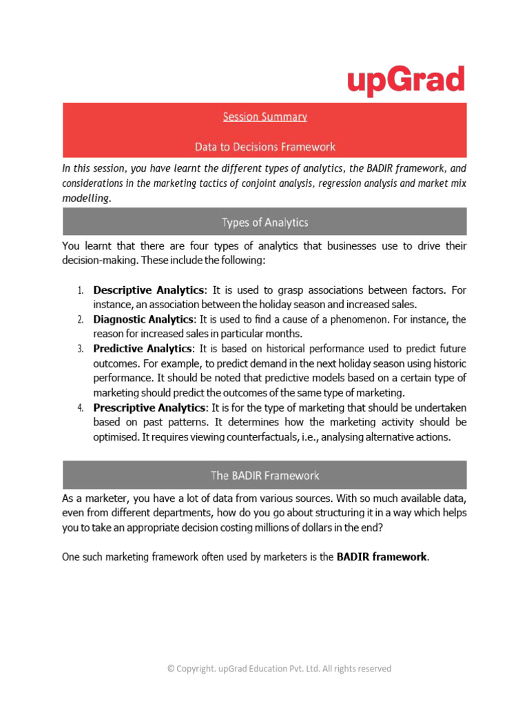 Session Summary - Data To Decisions Framework | PDF | Analytics | Marketing
