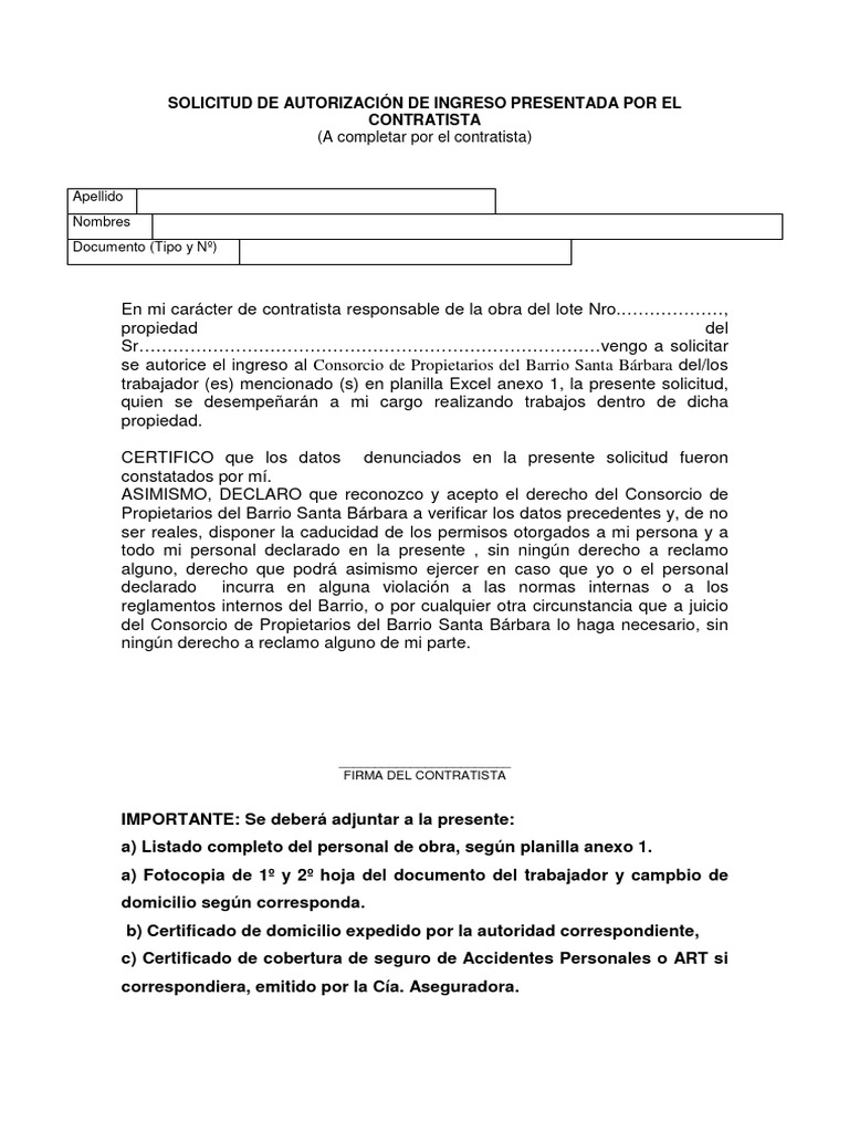 SOLICITUD DE AUTORIZACIÓN DE INGRESO PRESENTADA POR EL CONTRATISTA | PDF