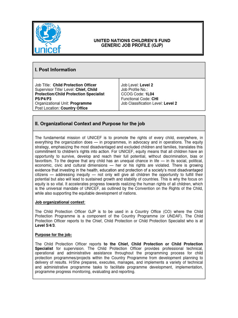 Child Protection Officer Job Profile | PDF | Capacity Building | Unicef