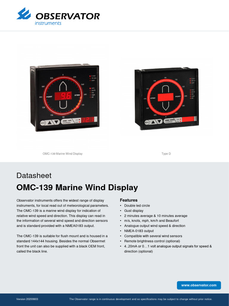 OMC-139 Marine Wind Display Datasheet | PDF | Wind Speed | Wound