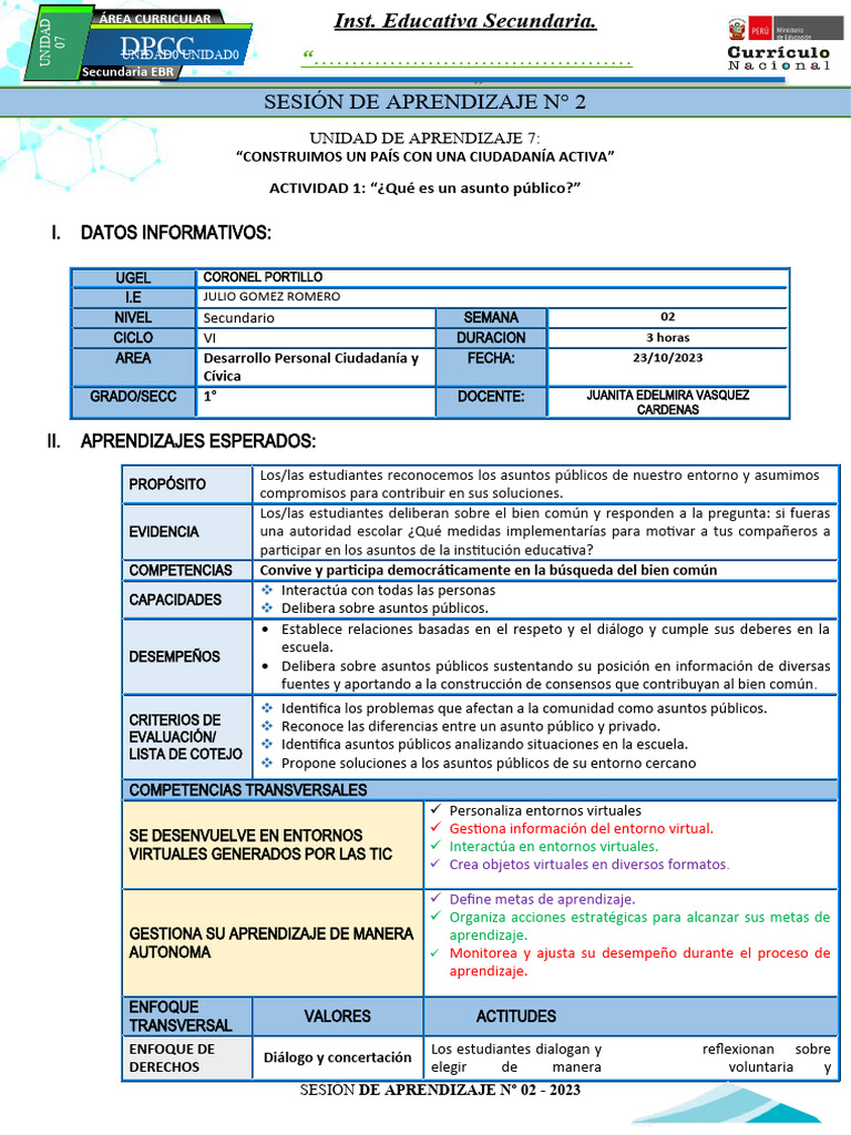 1º DPCC - Ses 2 Uni 7 - Sem 02 | PDF | Maestros | Aprendizaje