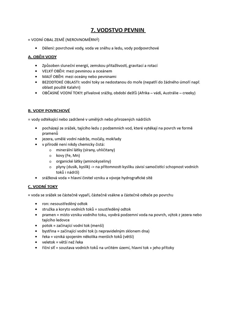 Vodstvo Pevnin - Maturitní Otázka | PDF