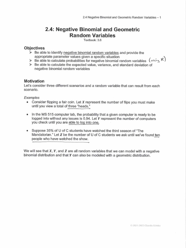 2.4 Negative Binomial and Geometric Random Variables COMPLETED | PDF