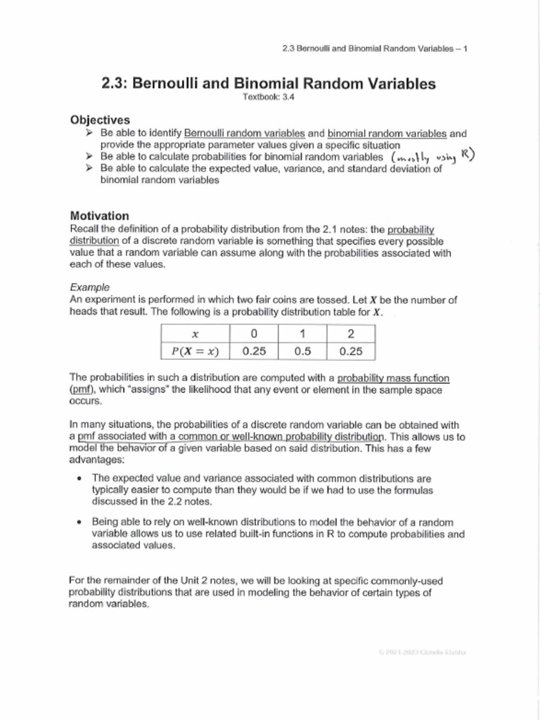 2 3 Bernoulli And Binomial Random Variables Completed Pdf