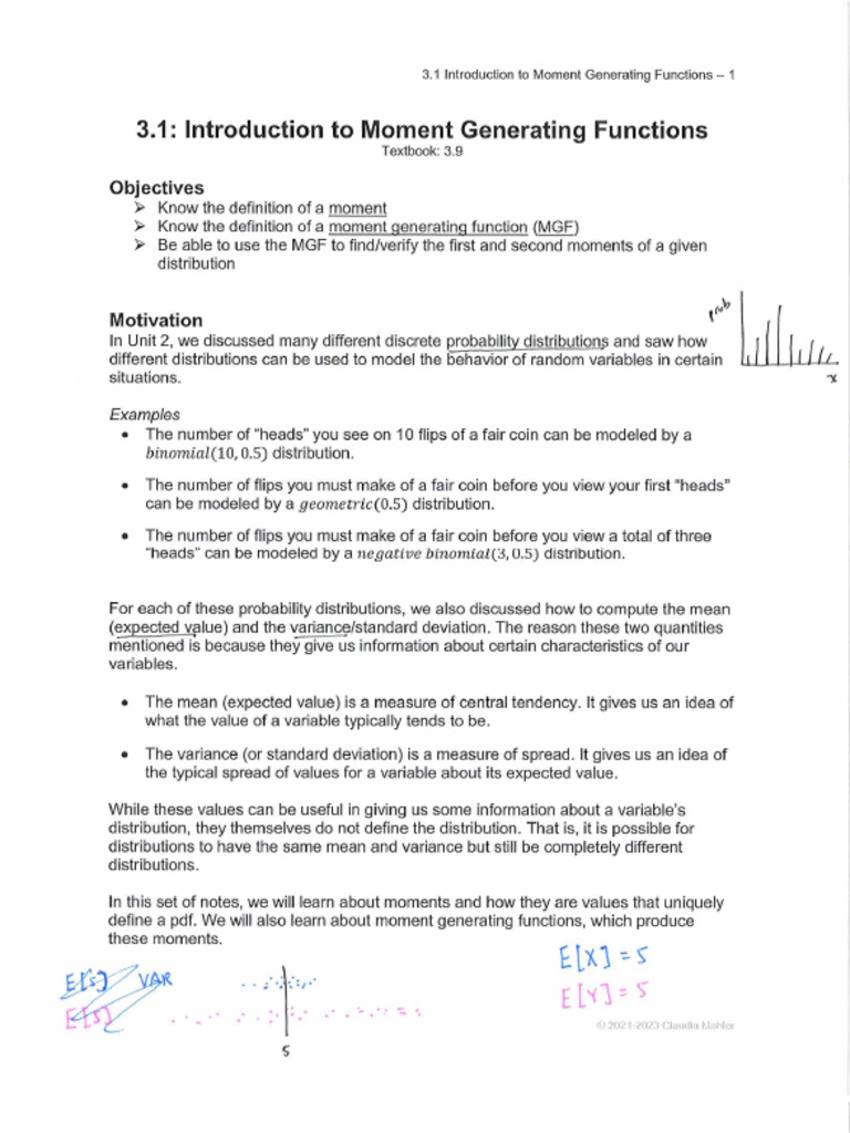 3.1 Introduction To Moment Generating Functions COMPLETED | PDF