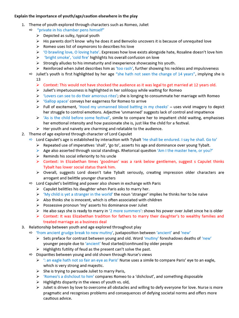 Eng Lit Romeo and Juliet Themes Essay Plans | PDF | Characters In Romeo ...