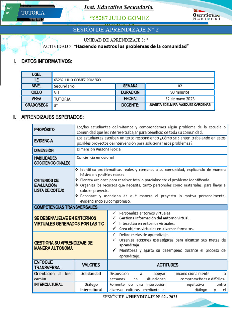 3 y 4 Tutoria Ses 2 Edat 3 - 2023 | PDF | Maestros | Aprendizaje
