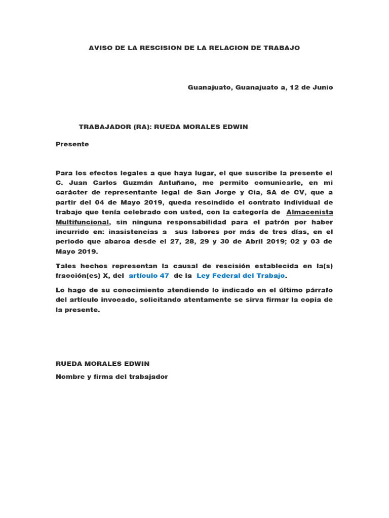 Aviso de La Rescision de La Relacion de Trabajo Rueda Morales Edwin | PDF