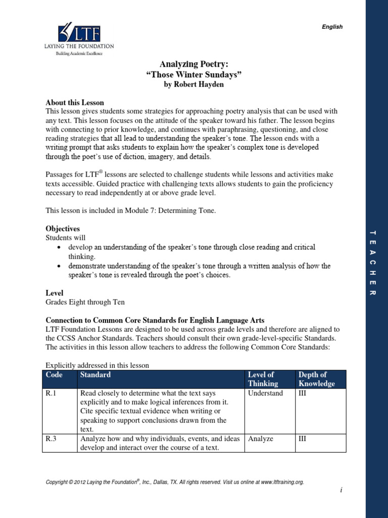 Those Winter Sundays Analysis | PDF | Poetry | Advanced Placement