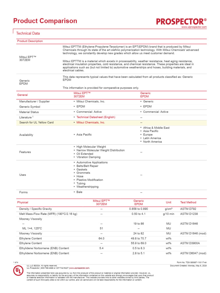 Mitsui EPT™ 3072EM - Generic EPDM | PDF | Ultimate Tensile Strength ...