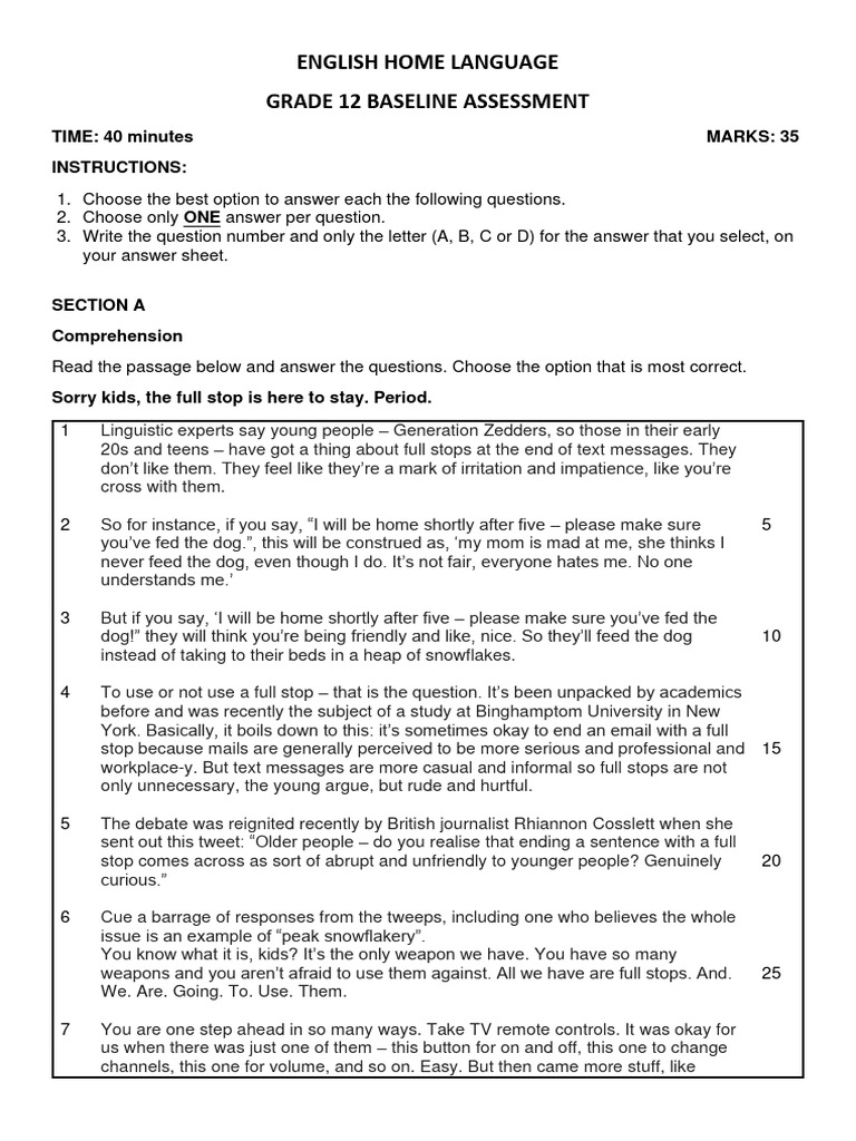 Grade 12 English Baseline Assessment | PDF | Poetry