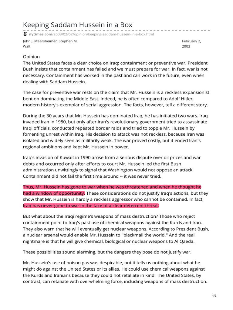 Keeping Saddam Hussein in A Box, Nytimes - Com 2003 | PDF | Saddam Hussein | Iraq