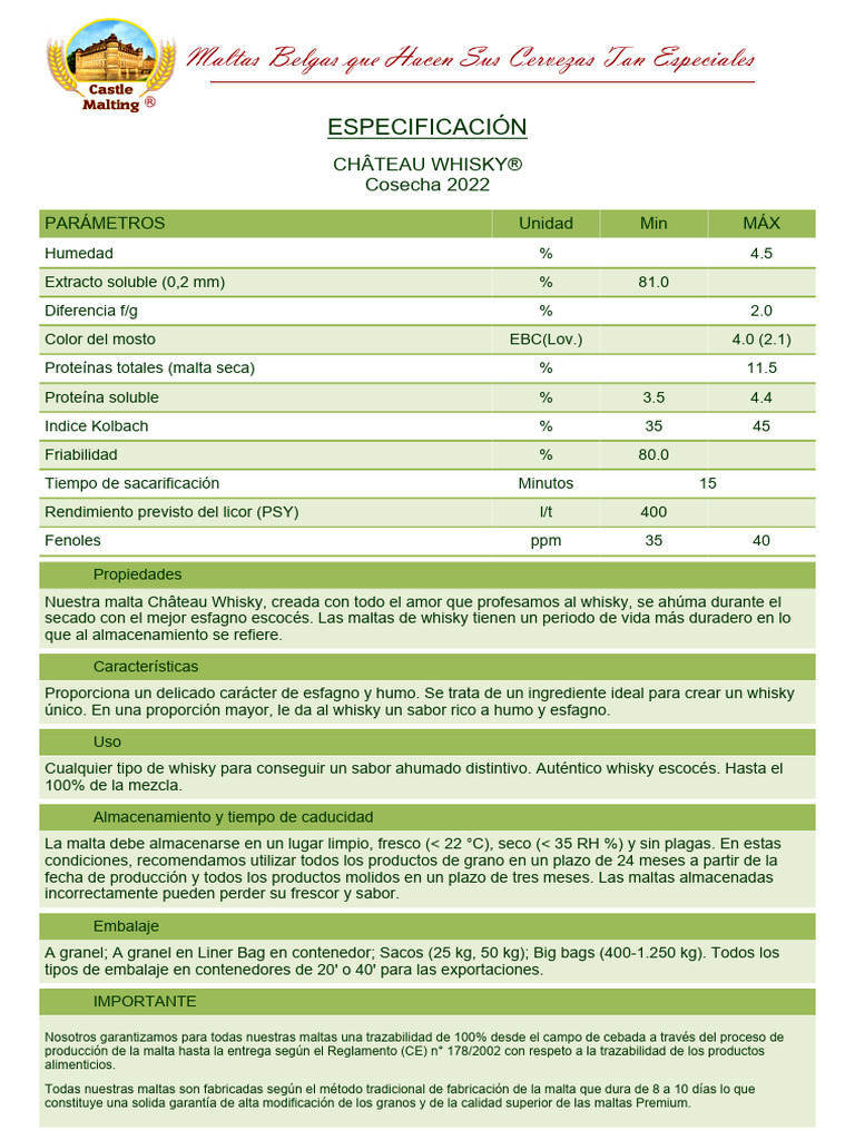 Malt Specification CHATEAU WHISKY Crop 2022 Spanish | PDF | Whisky ...