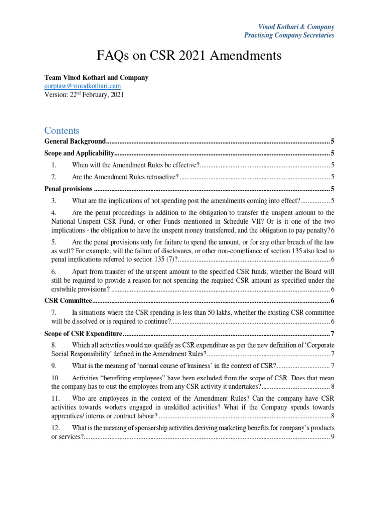 FAQs On CSR 2021 Amendments - Version 2 1 1 | PDF | Corporate Social ...