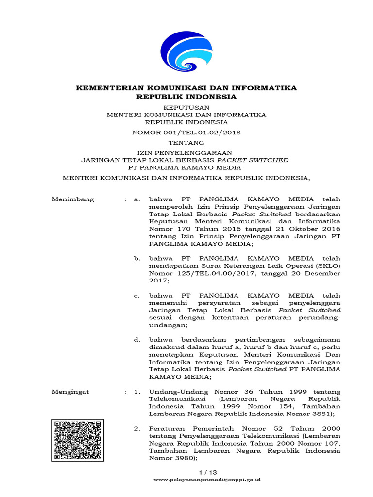 Izin Jaringan Tetap PT Panglima | PDF | Pengelolaan Keuangan & Uang | Teknologi & Rekayasa