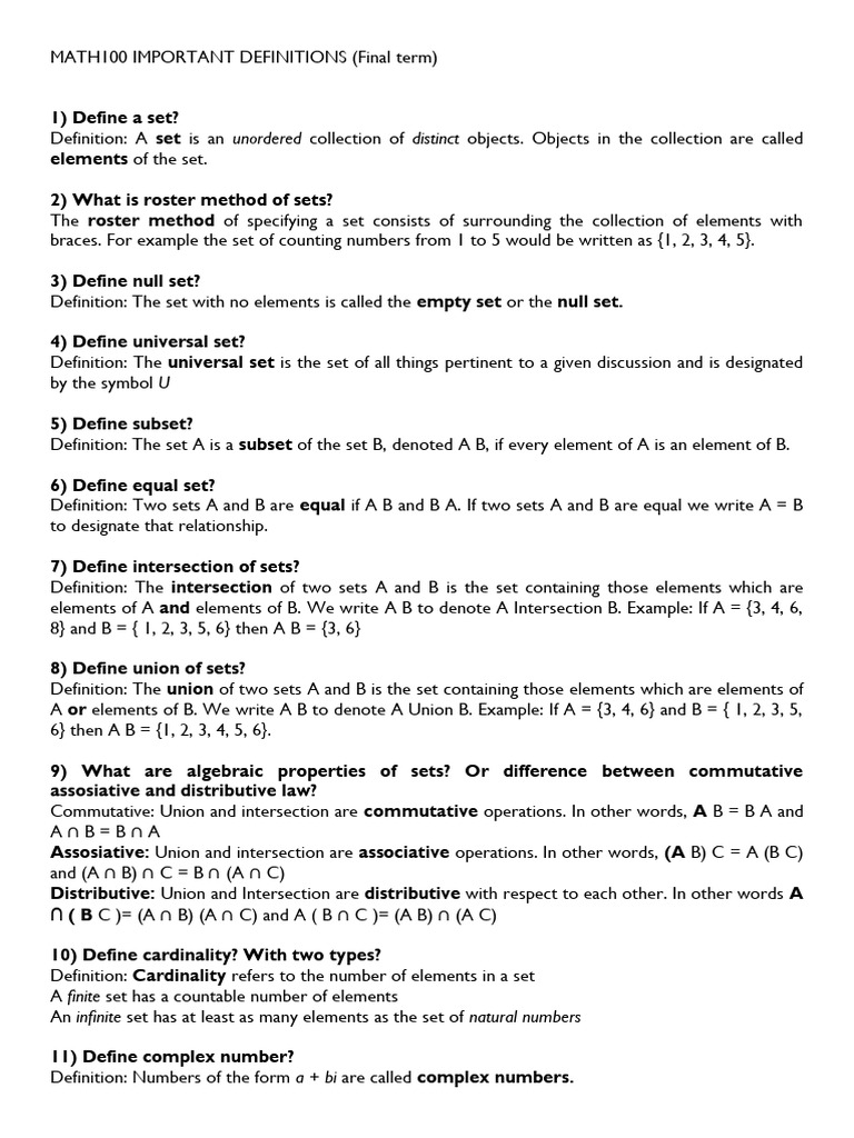 MTH100 Final Important Defination 1 1 | PDF | Set (Mathematics) | Matrix (Mathematics)