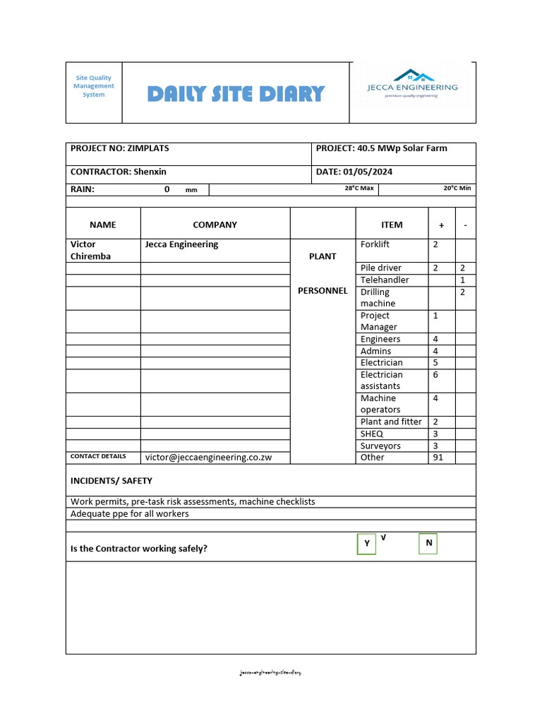 Daily Site Diary for Zimplats Solar Farm | PDF | Electrician ...