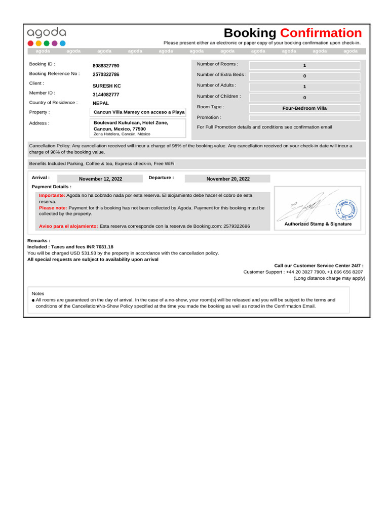 Confirmation - For - Booking - ID - # - SURESH KC | PDF